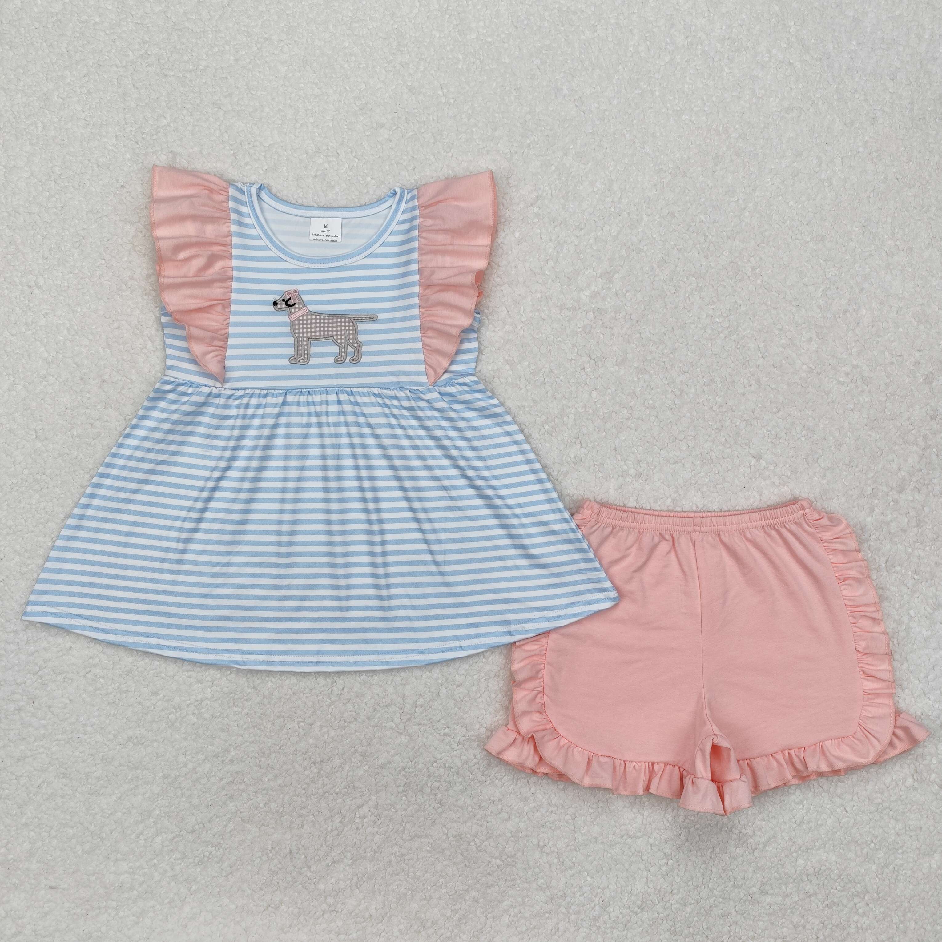 Blue stripes embroidery dog top matching shorts baby girl outfit ...