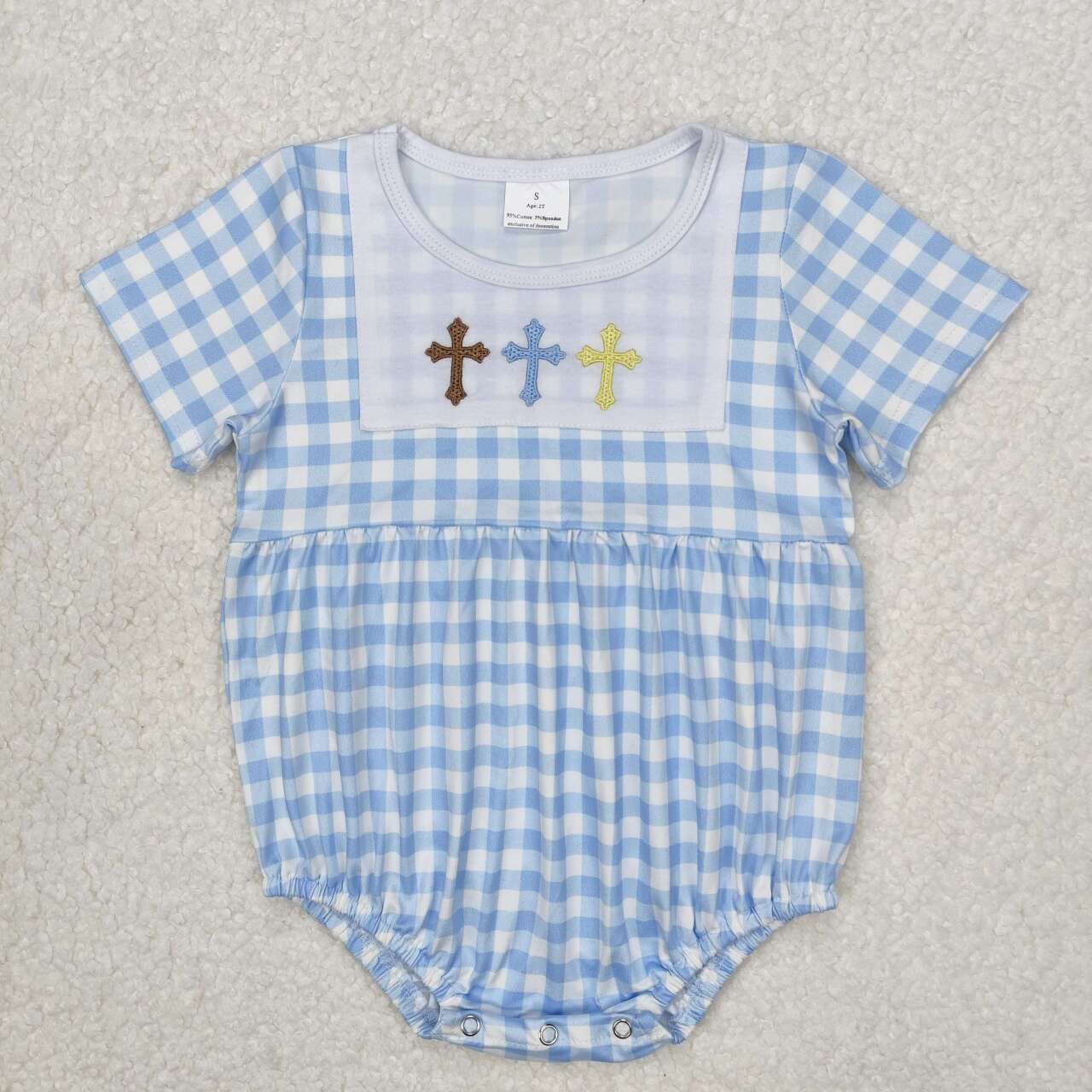 Toddle baby boy embroidery Easter cross blue plaid romper ...