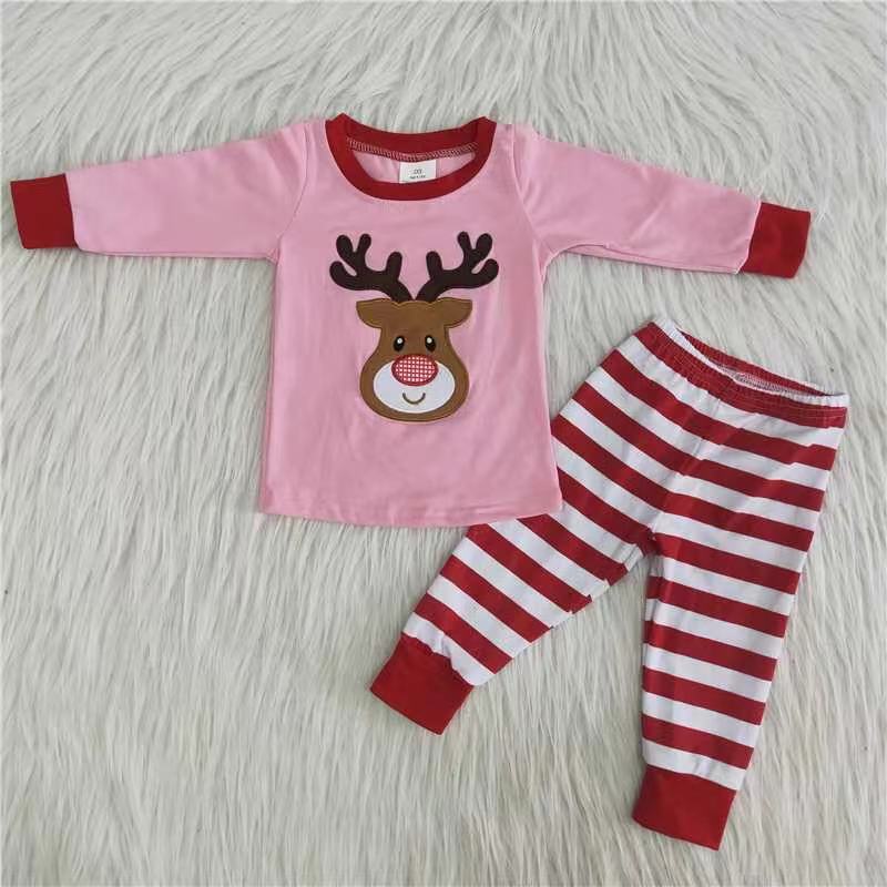 girls pink reindeer pajama set – aierwhoesalekidsclothes